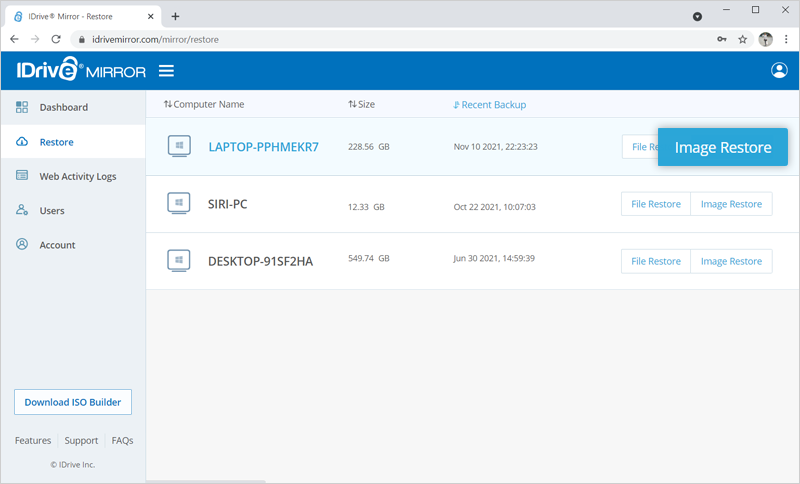 IDrive® Mirror - FAQs on Restore via web