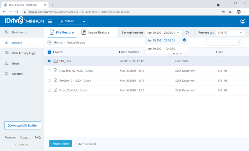 IDrive® Mirror - FAQs on Restore via web